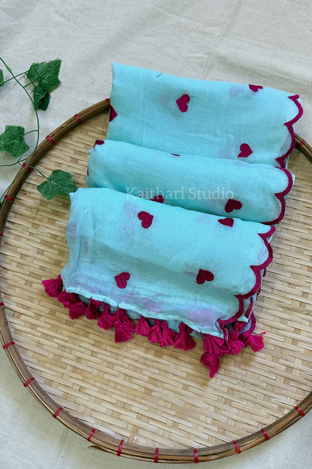 Heart Embroidery Scalloped Mul Cotton Sarees – Sky blue with Pink ...